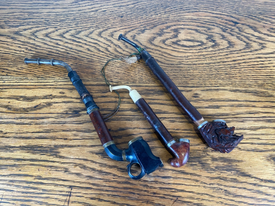 3X ANTIQUE 19TH C WOODEN CARVED TOBACCO PIPES GERMAN AUSTRIA BLACK ...