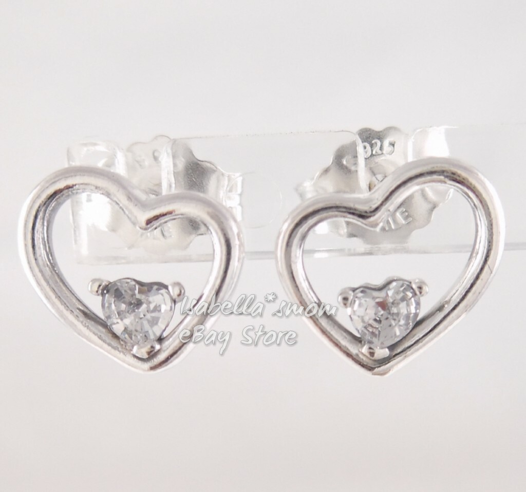 ASYMMETRIC HEARTS OF LOVE Authentic PANDORA Earrings STUD 297813CZ NEW ...