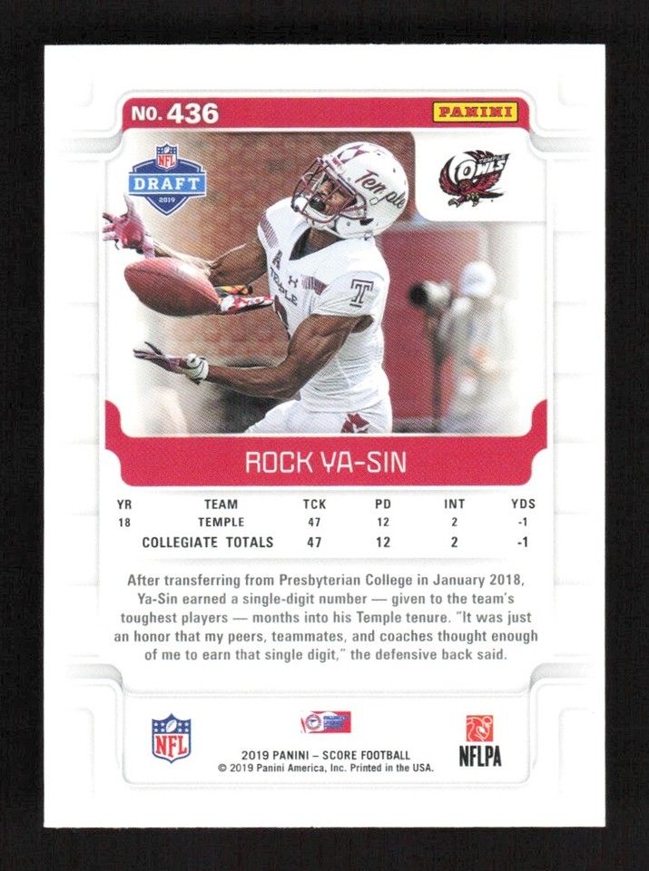 2019 Score Football Rock Ya-Sin RC #436 Temple Owls | eBay