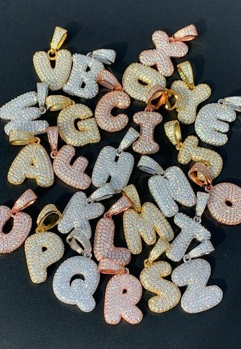 Solid 925 Silver Bubble Letters Initial Pendant Icy Simulated Diamonds A - Z | eBay