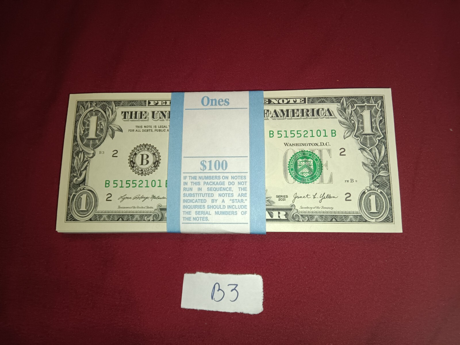 (1) US $1 Dollar Bill (B) New York District 2021 BEP Strap 100 notes ...