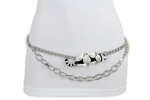 Women Belt Silver Metal Chain Link Wave White Tiger Bling Buckle XS S M ...