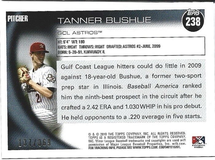 Tanner Bushue Houston Astros 2010 Topps Debut Blue Border 137/369 | eBay