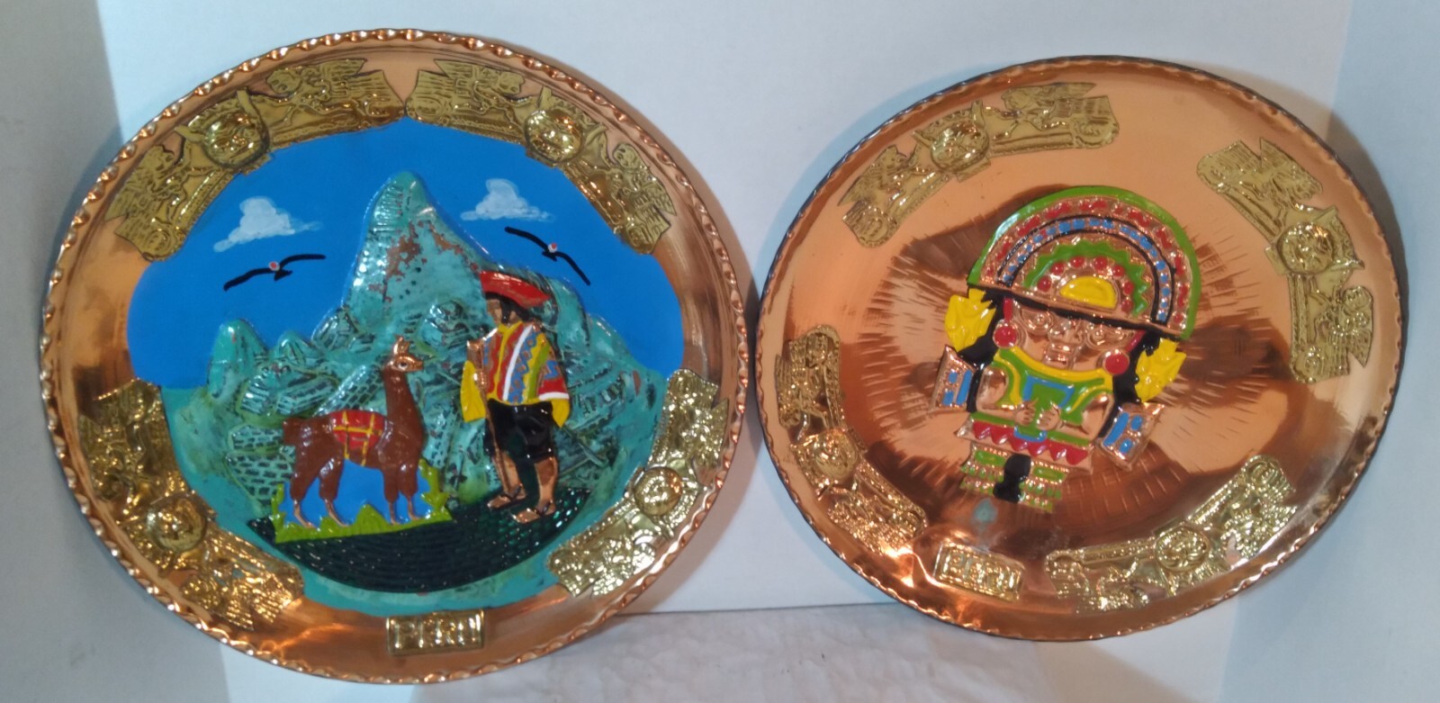 Peruvian Copper Wall Decoration Plates/ LOT OF 2 -Beautiful (man & lama ...