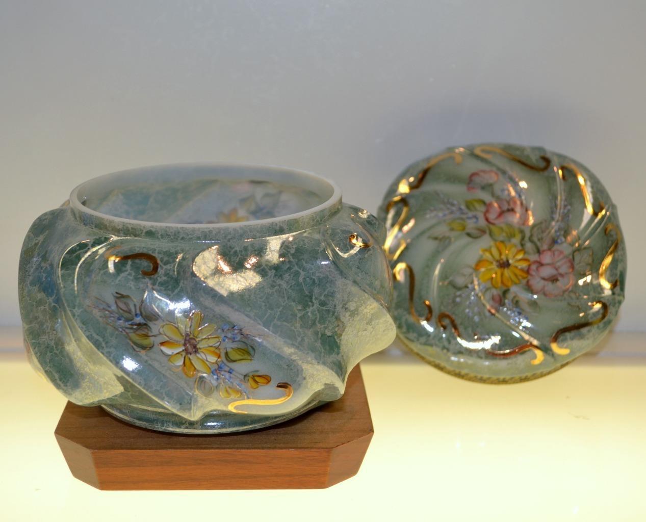 FENTON PUFF BOX Green Marbelized Floral 6080RH 1992 CONNOISSEUR ...