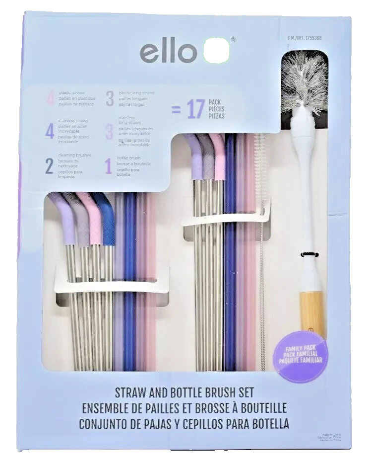Ello Straw & Bottle Brush Reusable Stainless Steel Silicone Tips Purple ...