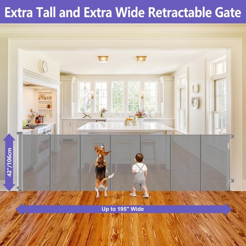 Reinforced 42" Tall Retractable Dog Gate Mesh Baby Fence Gate, 16 Ft ...