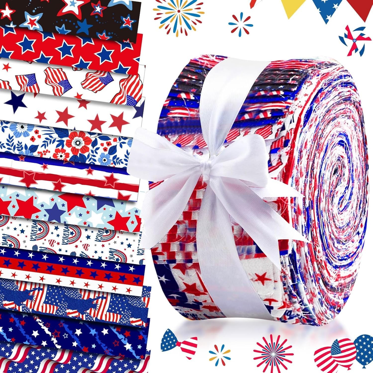 60 PCS Patriotic Fabric Jelly Roll Red White Blue Cotton Strips for ...