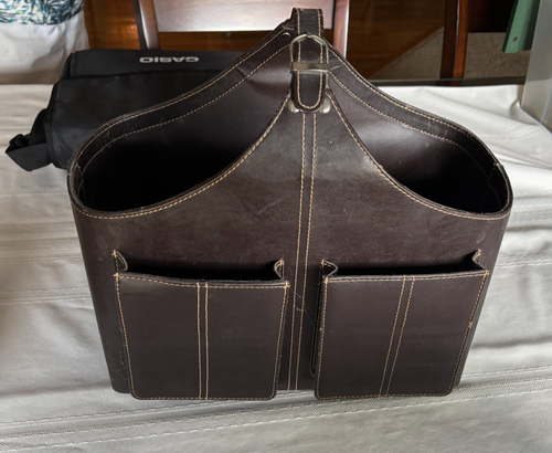 Vtg Brown Leather Storage Basket Case Caddy Bin Box Magazine Holder ...