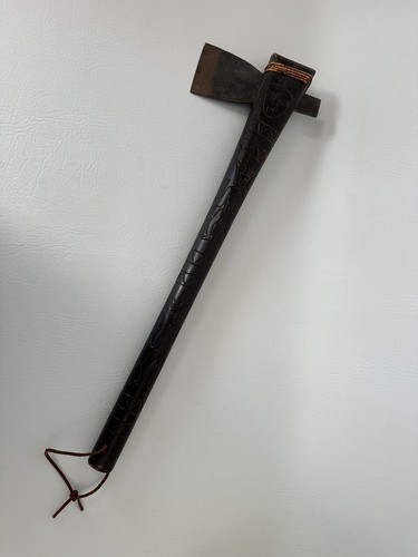 Ornamental Vtg Primitive Iron Axe Head Tomahawk w Hand Carved Wooden ...