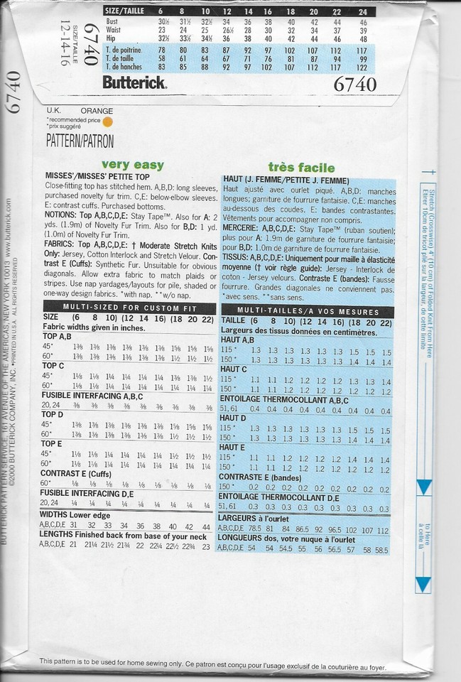 Butterick 6740 Misses Misses Petite Long Sleeve Knit Top Sizes 12-16 FF ...