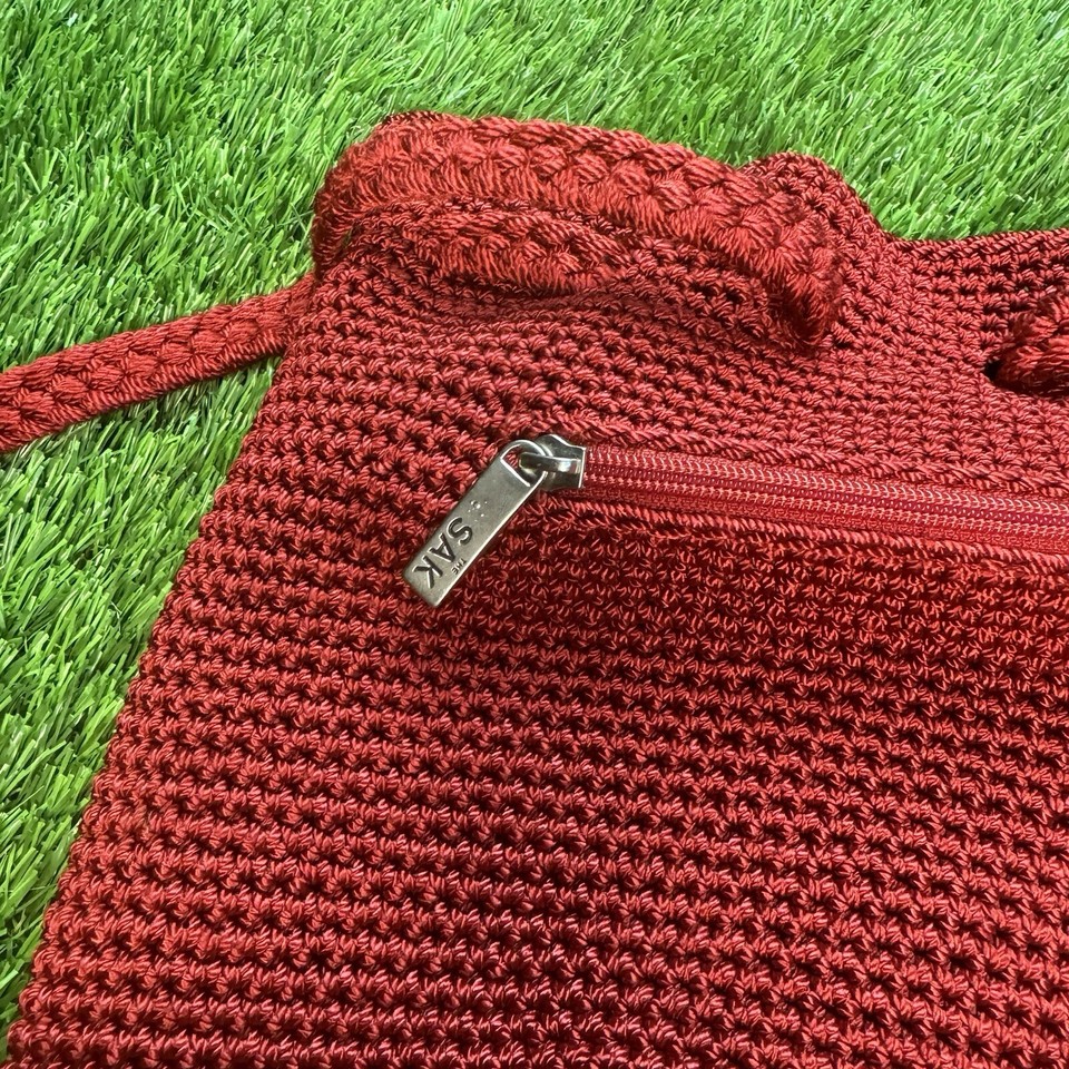VTG The Sak Red Crochet Drawstring Backpack Knit EUC School Shoulder ...