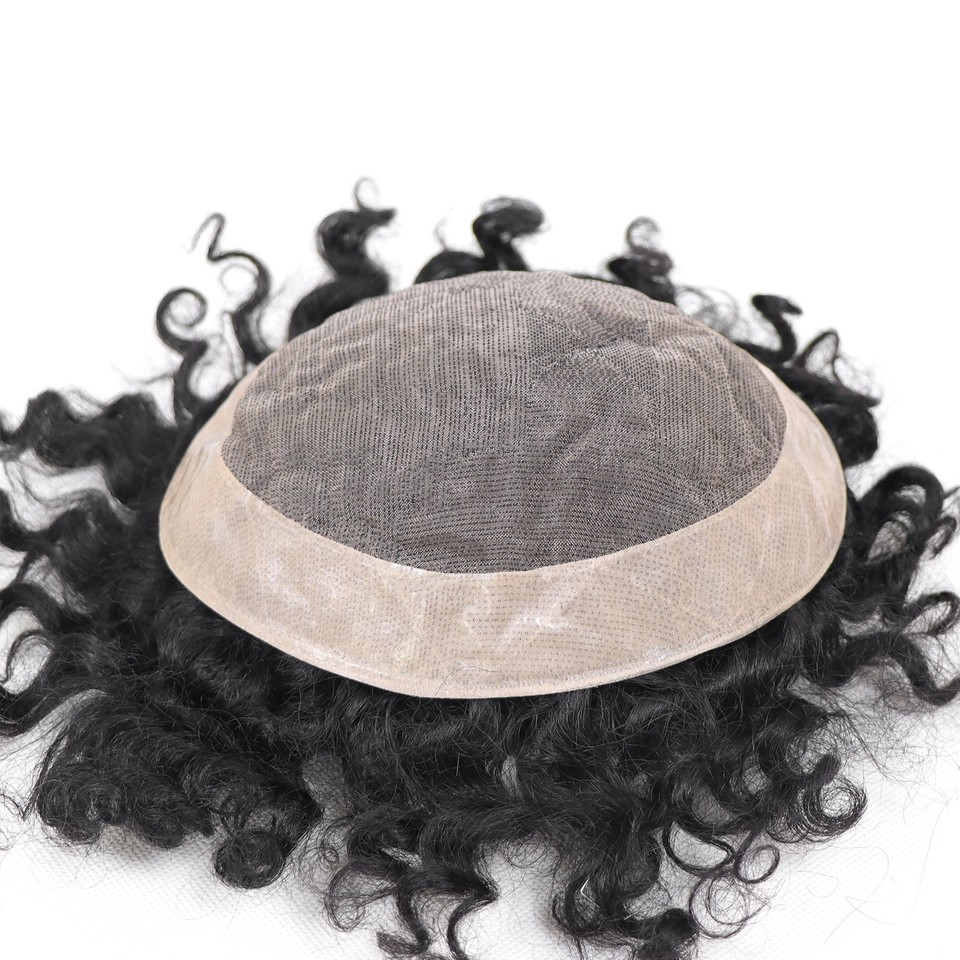 Afro Toupee for Black Men Human Hair Fine Mono PU Curly African Wig ...