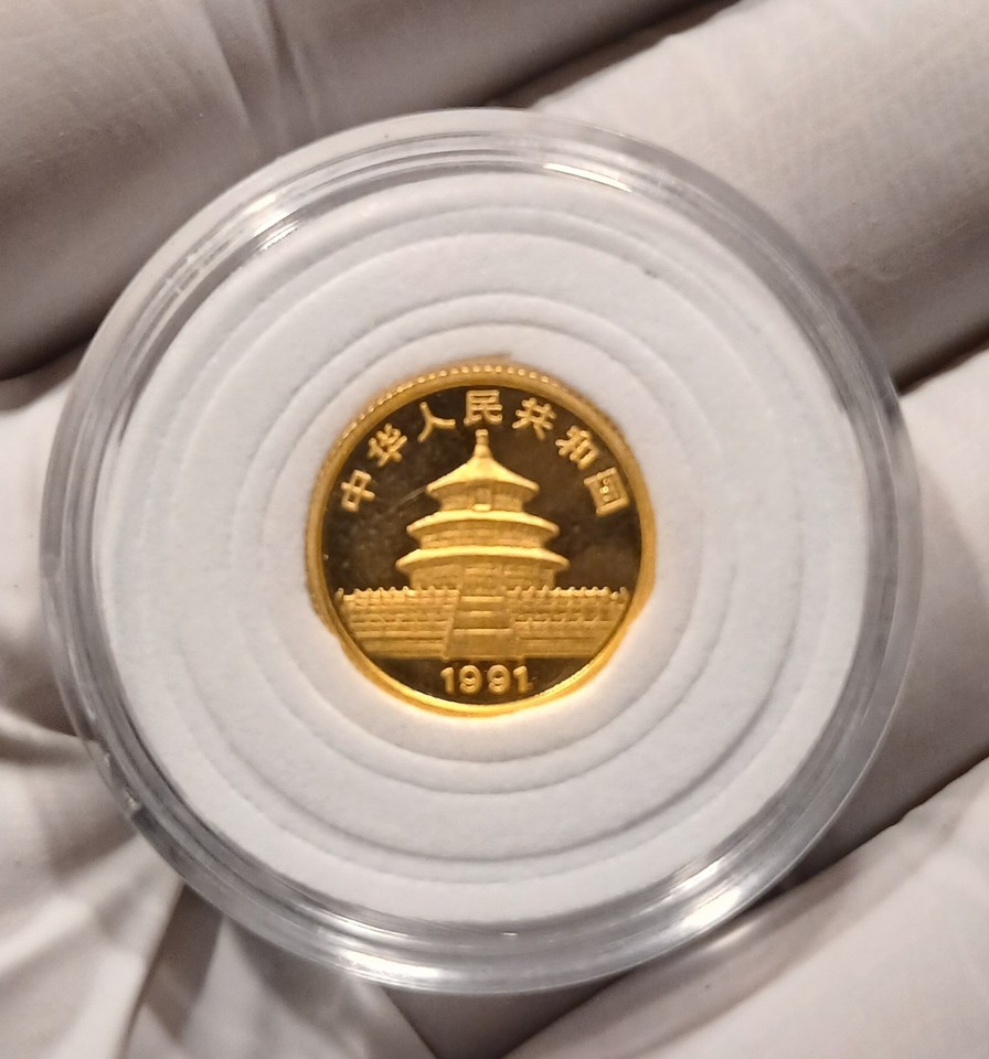 1991 China Panda Bamboo 5 Yuan Coin 1/20th oz .999 Fine Gold Small Date ...