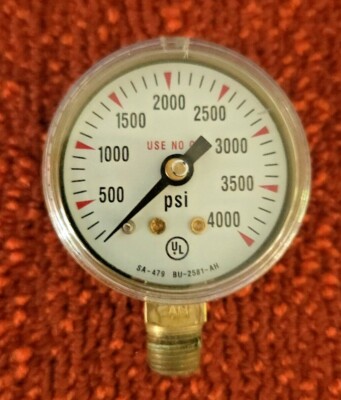 Oxygen Tank Pressure Gauge 1-1/2" 0-4000psi SA-479, BU-2581-AH Male 1/8 ...