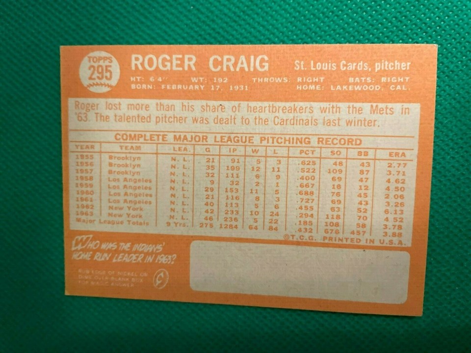 1964 TOPPS #295 ROGER CRAIG | eBay