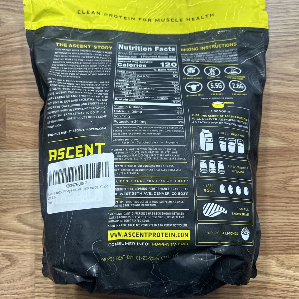 Ascent 100% Whey, Native Whey Protein Blend, Chocolate, 4.25 lbs 58 ...