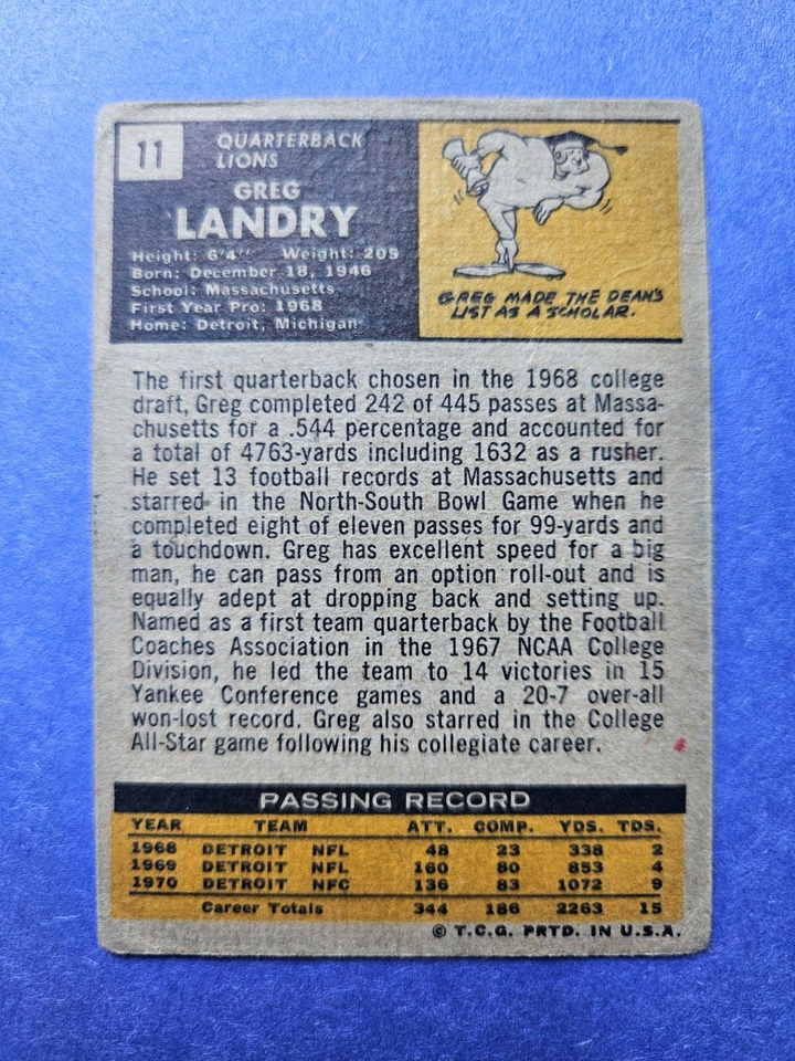 Greg Landry card #11 Topps Football 1971 Detroit Lions | eBay