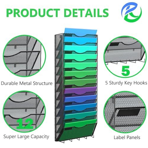 12-Tier Wall File Organizer with 5 Hooks, Hanging File Organizer 12 ...