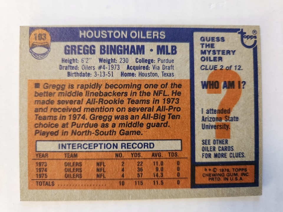 GREG BINGHAM 1976 TOPPS #103 OILERS MLB | eBay