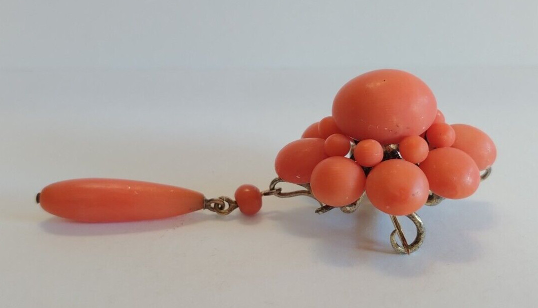 ANTIQUE VICTORIAN ERA CORAL DANGLE PIN BROOCH - Gem