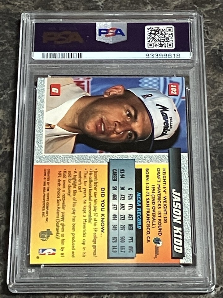 Jason Kidd Rookie RC 1994 TOPPS EMBOSSED SILVER FOIL #102 GEM MINT PSA ...