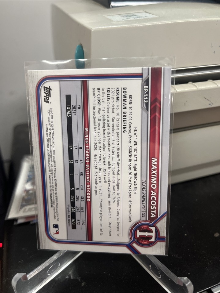 MAXIMO ACOSTA 2022 Bowman Prospects Base Card Texas Rangers | eBay