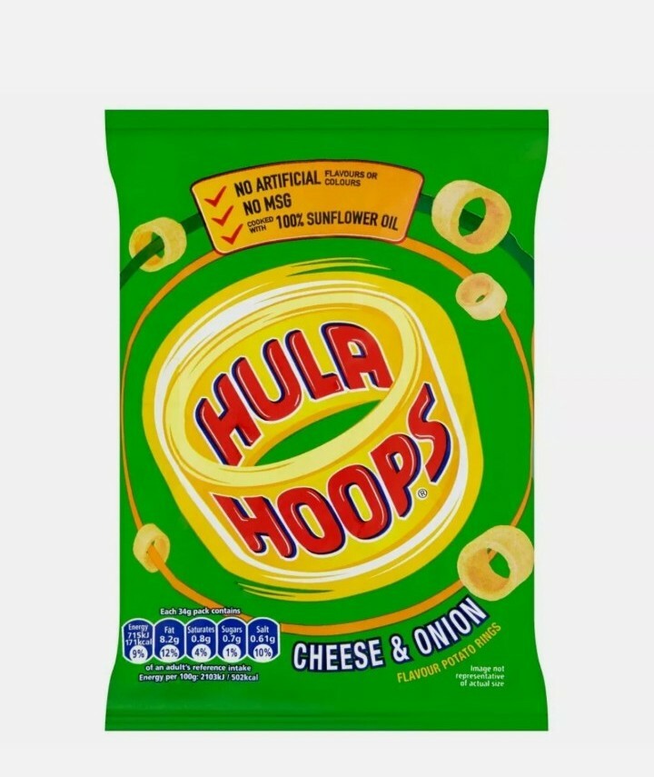 32 x Hula Hoops Cheese & Onion Flavour Potato Rings Crips Hoop 34g ...