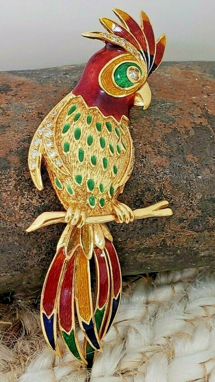 * 18kt Yellow Gold Parrot- Enamel with Diamonds Pin/Brooch | eBay