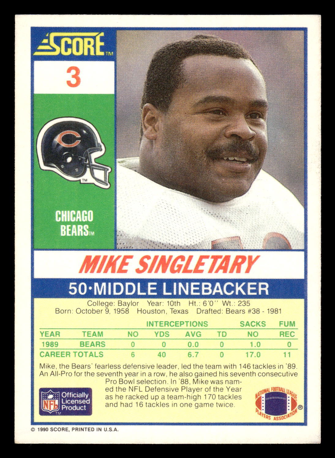 1990 Score #3 Mike Singletary | eBay