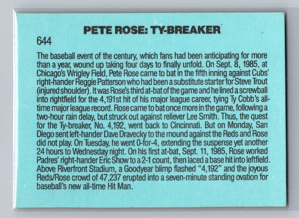 Pete Rose Cincinnati Reds 1986 Donruss #644 Ty-Breaking Hit Card | eBay