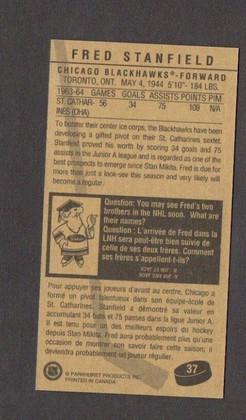 Fred Stanfield 1994 Parkhurst Parkies Tall Boys authentic autographed ...