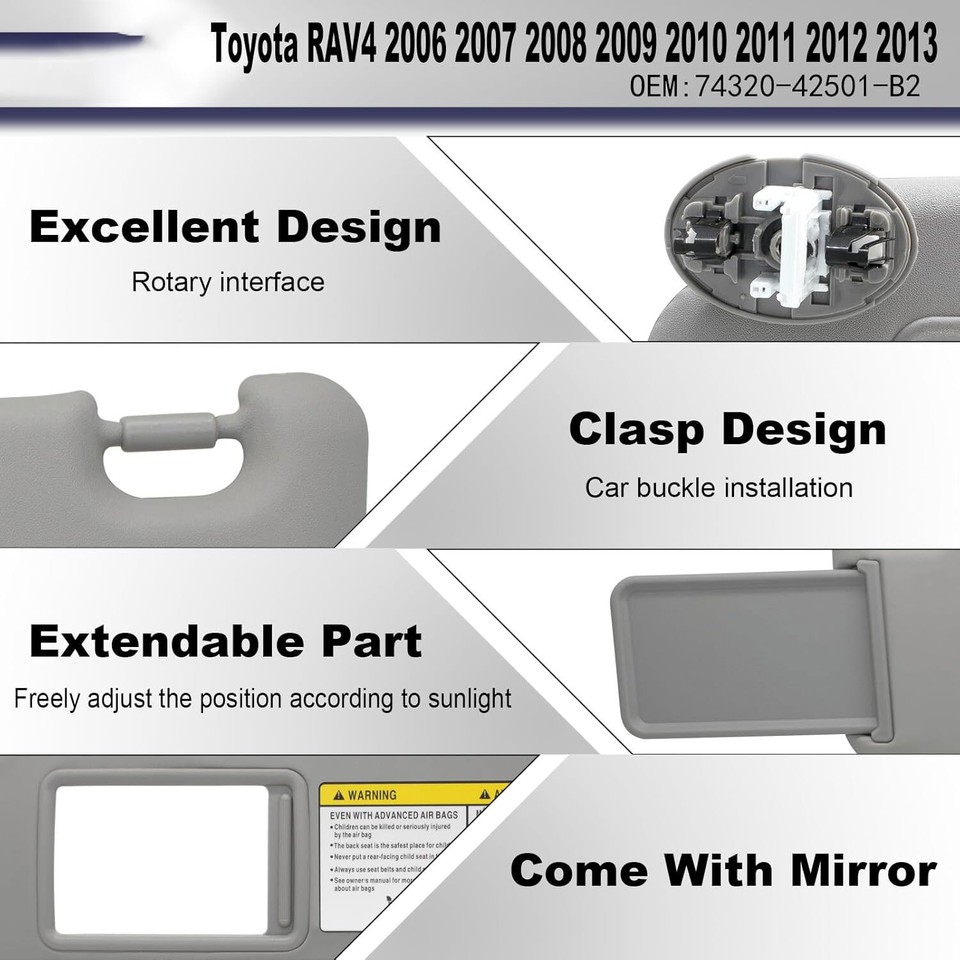 OE:74320-42501-B2 Driver Left Side Gray Sun Visor Fit For 2006-2012 ...