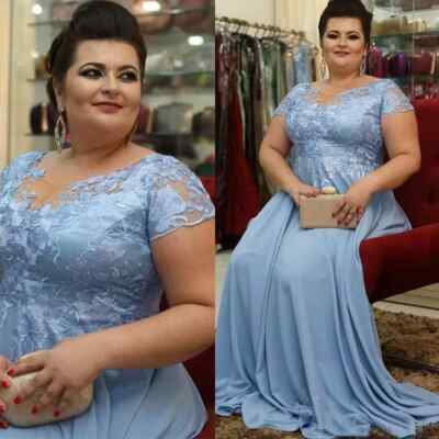 Light Blue Plus Size Mother Of The Bride Dresses Sheer Neck Evening ...