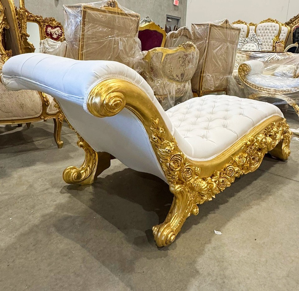 Chaise Lounge Leather White Furniture Rococo Style Gold Details | eBay