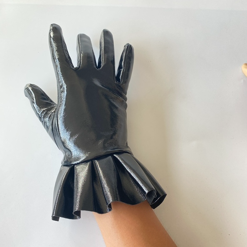 Women Faux Leather Gloves Ruffle Wrist Pleated Evening Party Punk Black ...