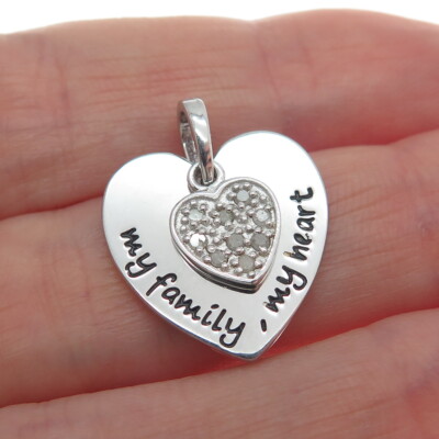 HAN 925 Sterling Silver Real Round-Cut Diamond My Family My Heart Charm ...