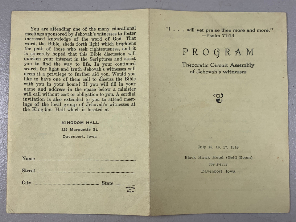 Original 1949 Circuit Assembly Program Davenport Iowa Jehovah ...
