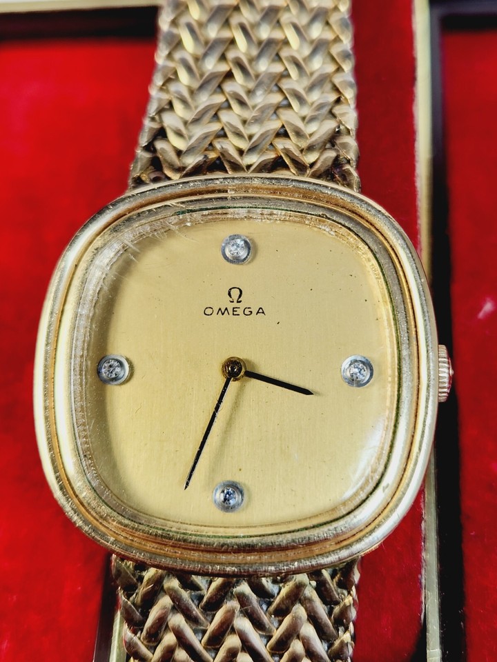 VINTAGE 1970s Omega 10k Gold Filled Square Men's Watch Diamond Markers ...