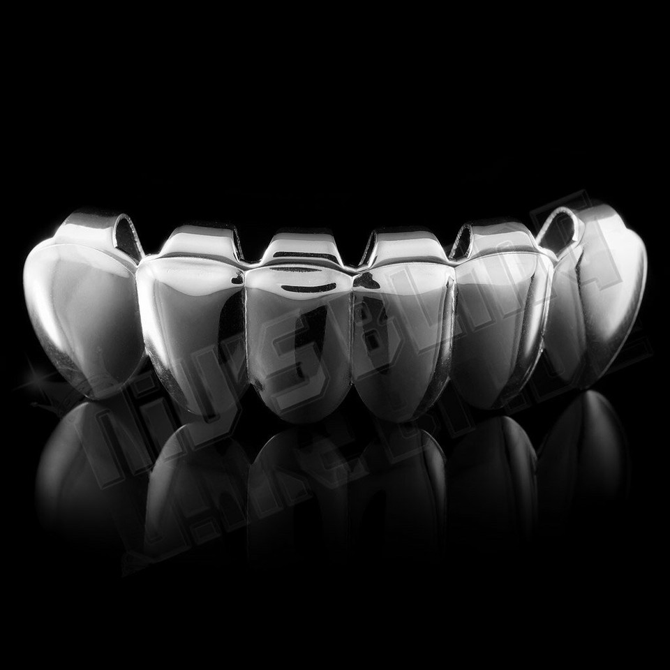 18K White Gold Plated Silver Mouth GRILLZ 8 Tooth Top 6 Bottom Teeth ...