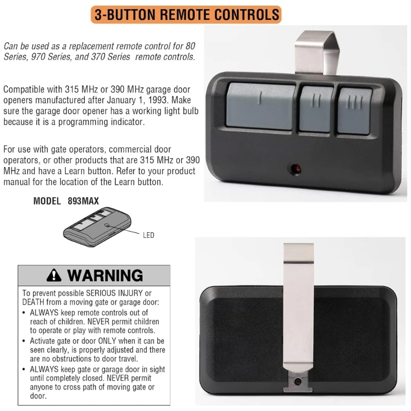 2 For Chamberlain LiftMaster Garage Door Opener Remote 893LM 953EV-P2 ...