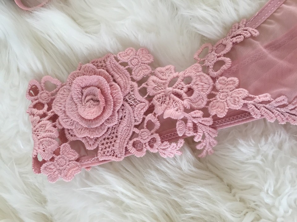 NEW! 2 PIECE SET Petal Pink Bralette Sexy Lingerie Rose Appliqué ...