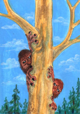 Sasquatch tree Bigfoot peeking Cryptid original ACEO Kim Loberg mini ...