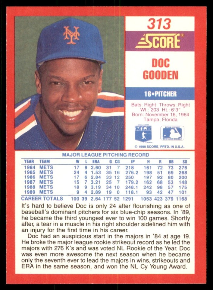 1990 Score Doc Gooden (100) Baseball Cards #313 | eBay