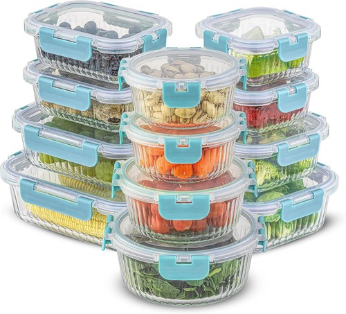 24pc Fluted Glass Storage Containers with Lids. 12 Airtight Freezer ...