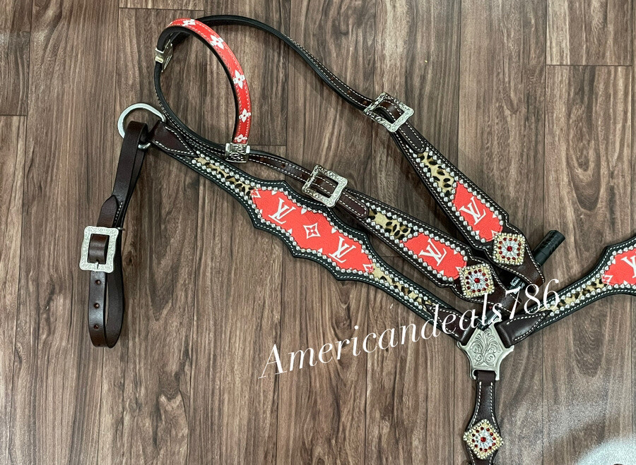 Western Brown Leather Bling Tack Set With Red & Leopard Print Leather ...