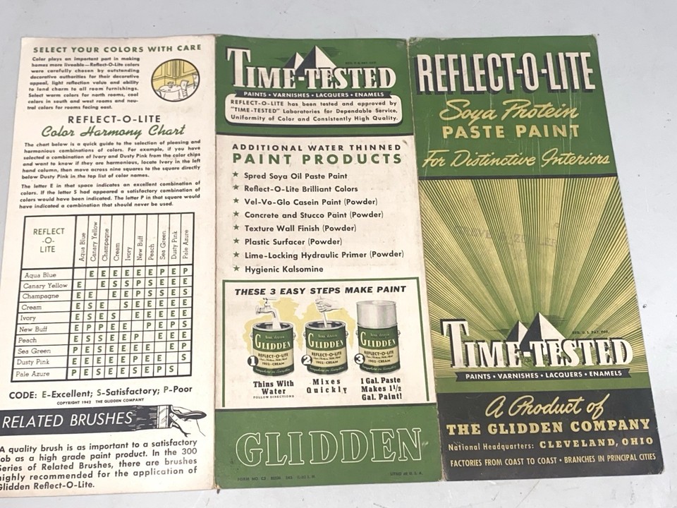 Vtg 1950s GLIDDEN REFLECT-O-LITE SOYA PROTEIN Paint Sample Color Chip ...