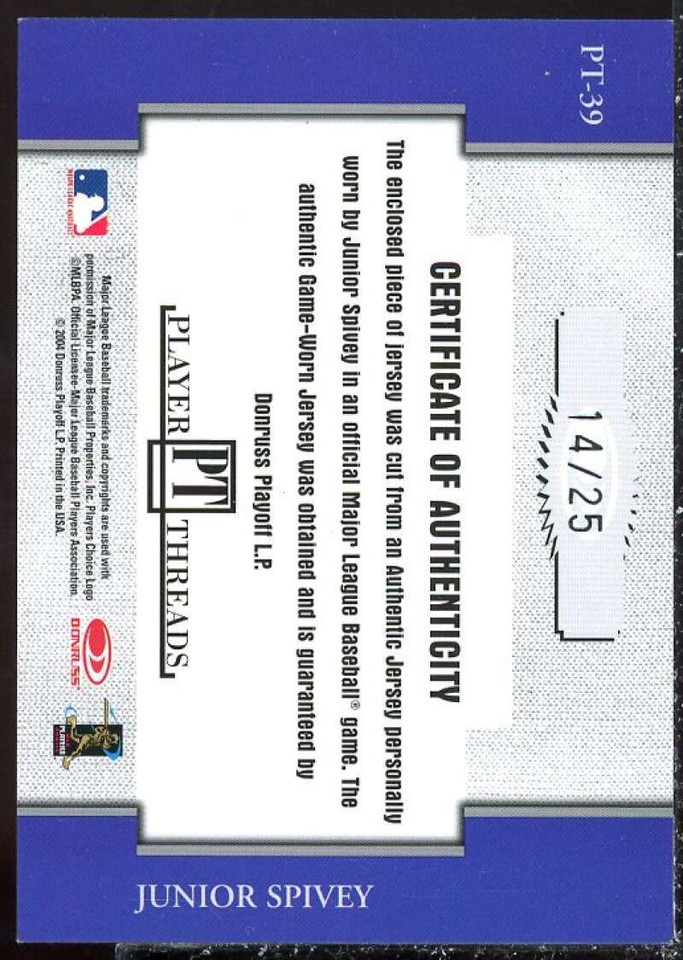 Junior Spivey Card 2004 Throwback Threads Player Threads Signature #39 ...