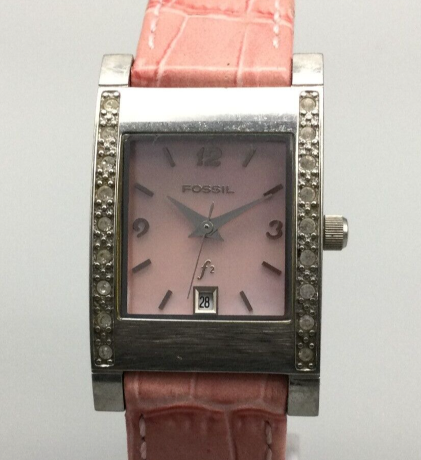 Fossil Tank Watch Women 22mm Silver Tone Date Pink Dial Bling New ...
