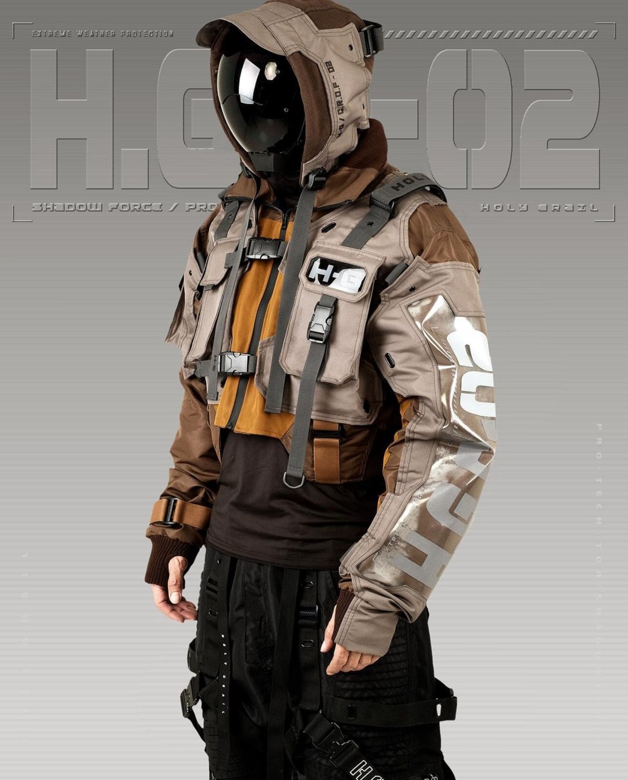 Men's Techwear Brown Jacket Hoodie Full Zip Buckle Holygrail H.G.C-02 ...